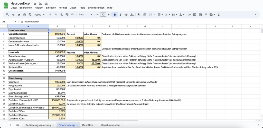 Hausbau Excel - Finanzierung und Baukosten in einer Excel-Tabelle